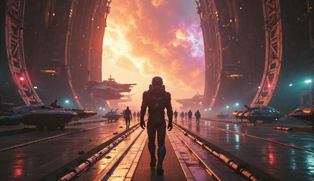 Ultra-detailed cinematic shot, 8K HDR, of a massive alien hangar bay ...