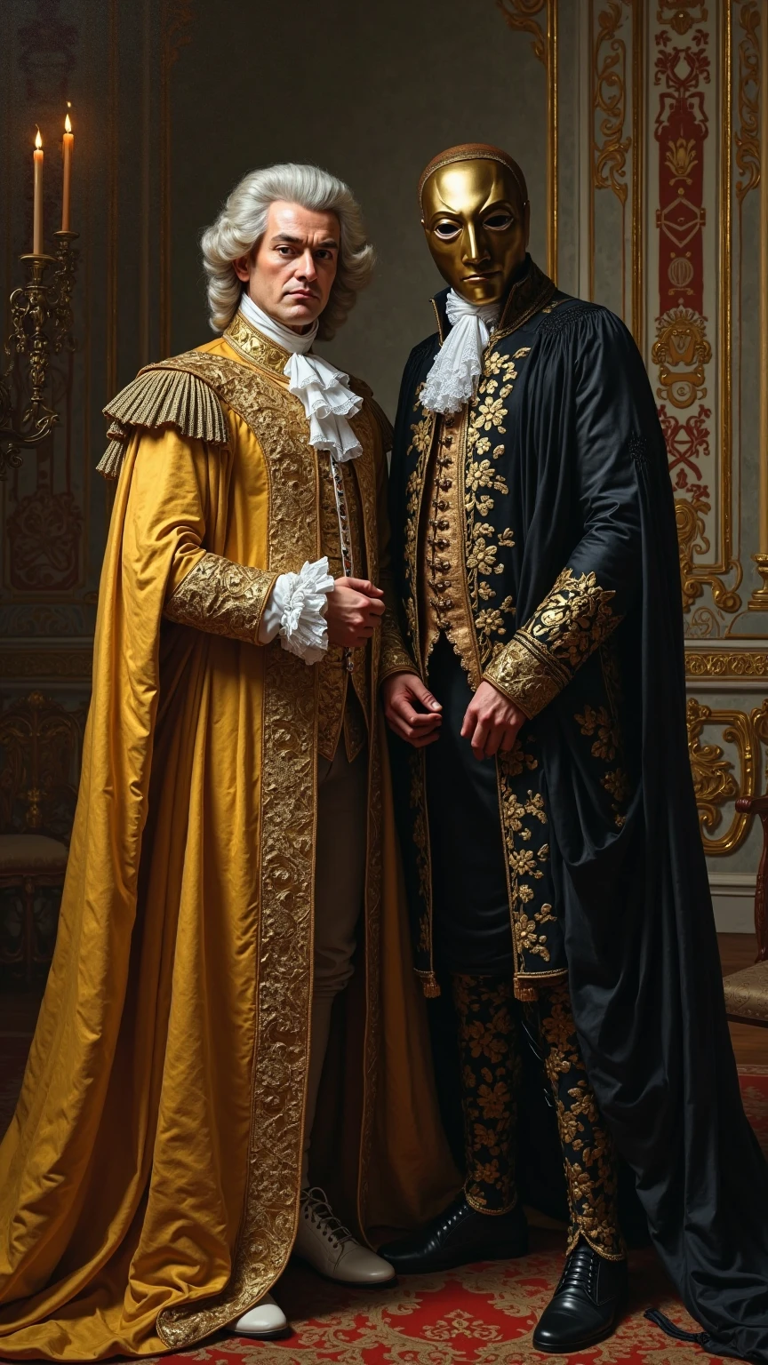 Two identical men , one dressed as King Louis XIV in golden royal robes ...