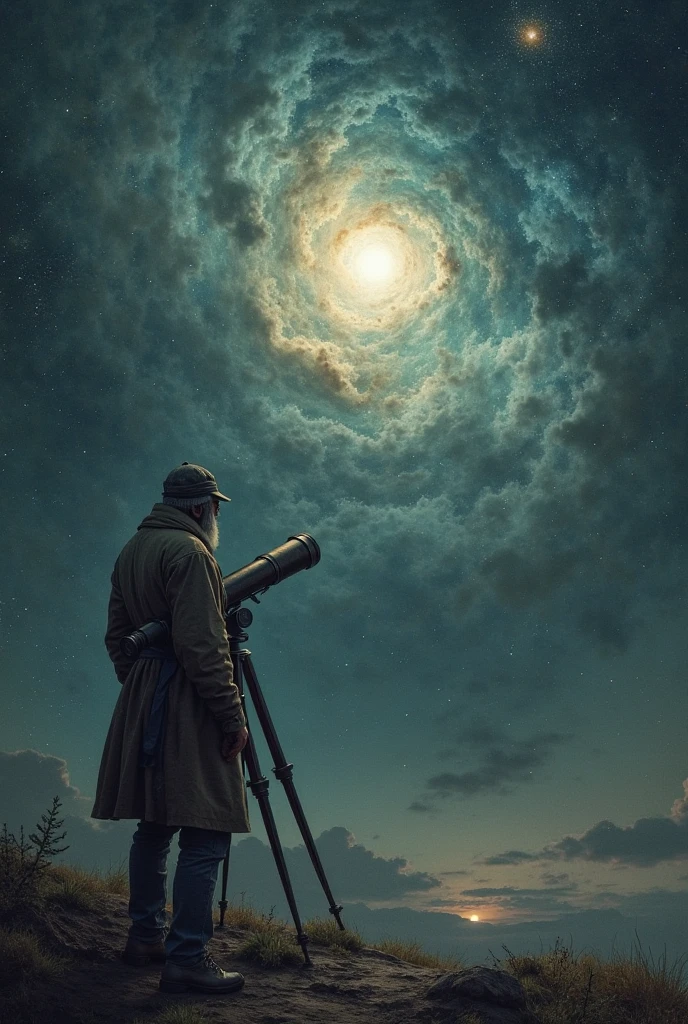 A solitary astronomer gazes through an antique telescope at a brilliant ...