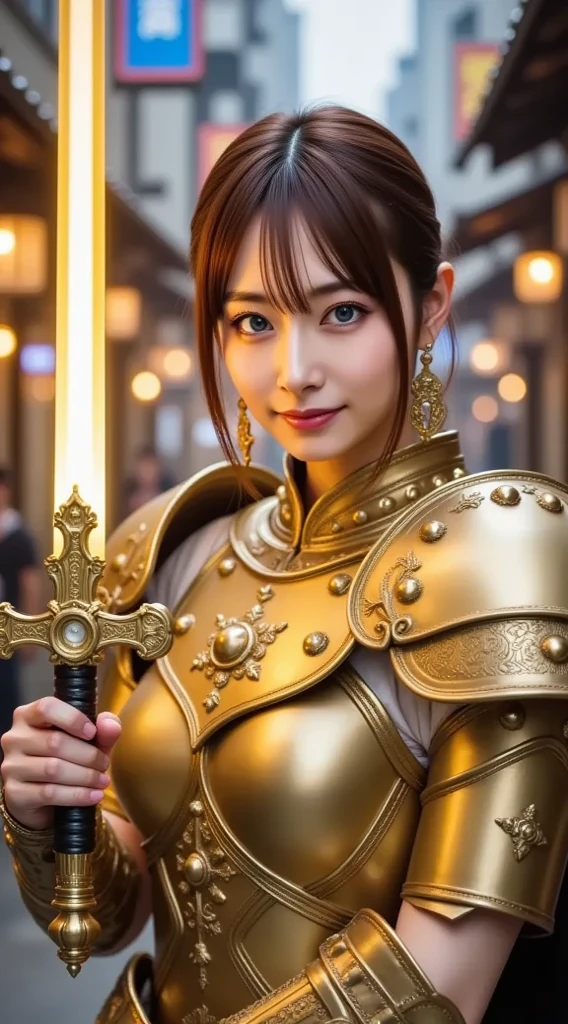 A majestic paladin in golden armor, Wielding a sword full of light ...