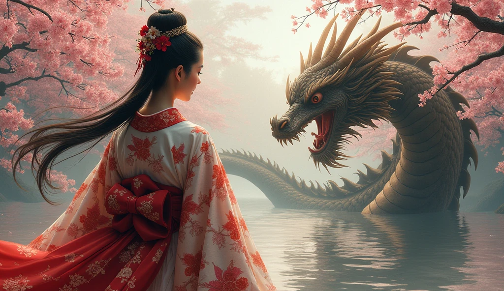 "Japanese shrine maiden summoning a dragon spirit during cherry blossom ...