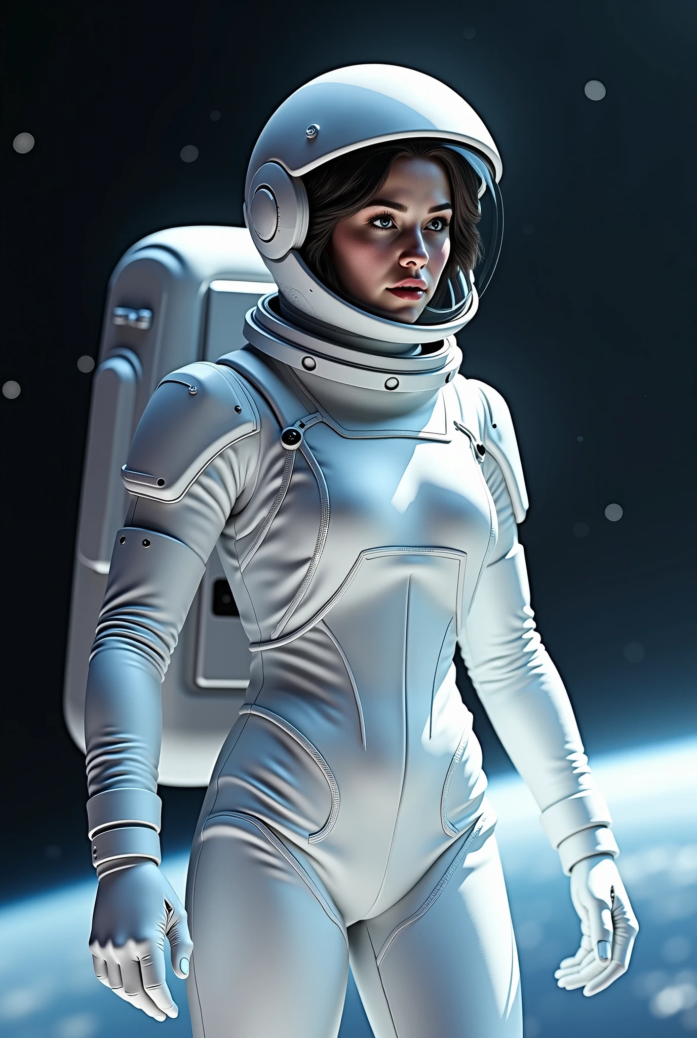 A female cosmonaut in very beautiful space. She has a white spacesuit ...