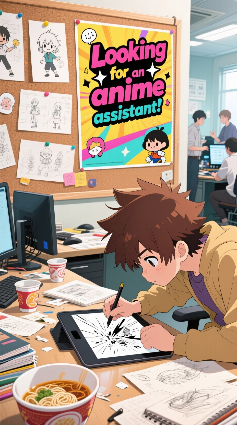 A vibrant anime production studio scene. A young, determined anime ...