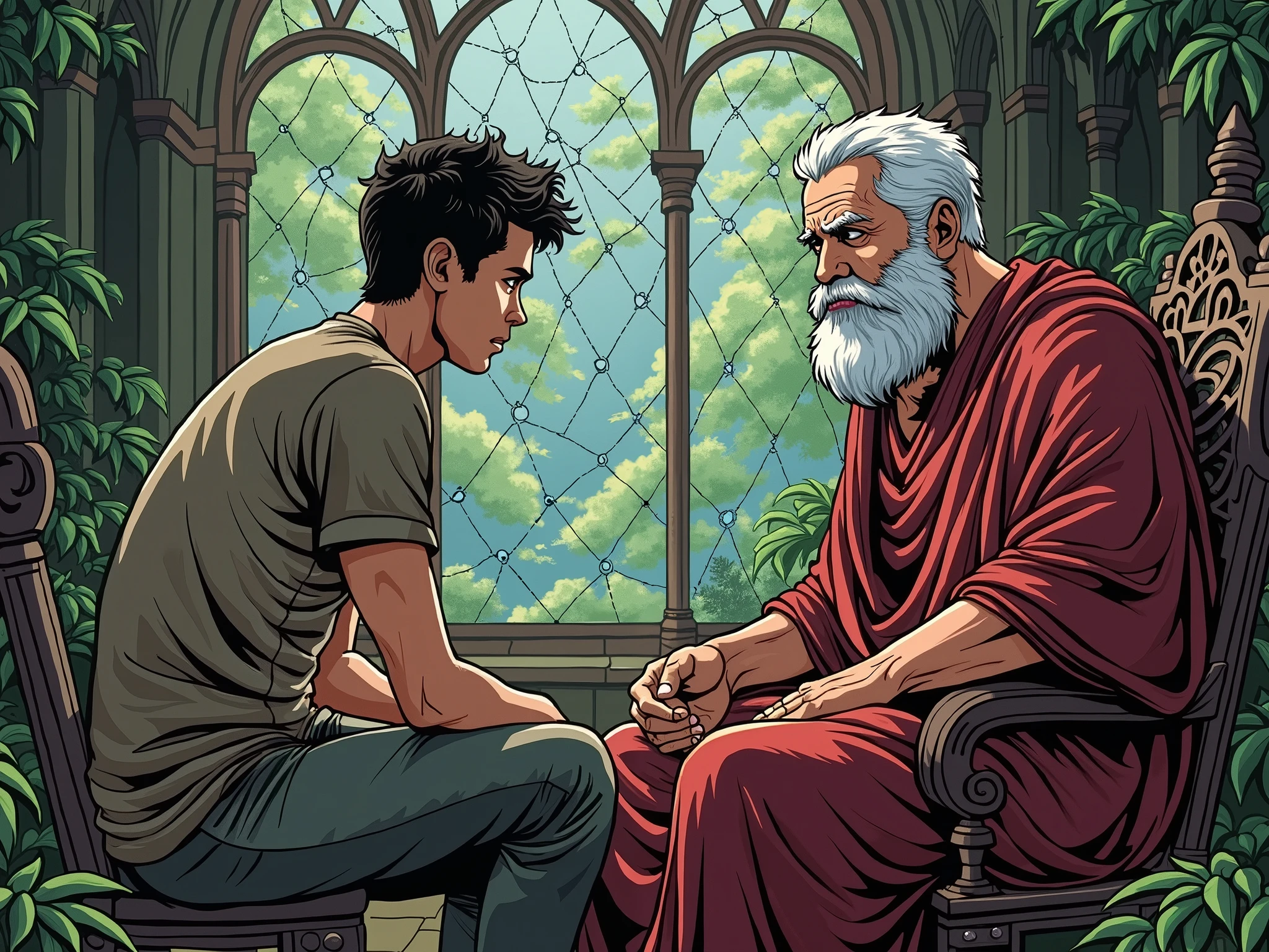 A comic-style scene showing a powerful interaction: a modern man ...
