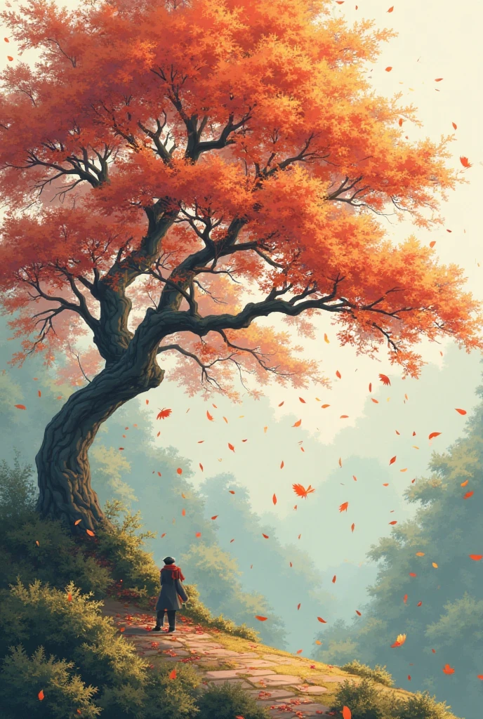 Create an anime desktop image of a Japanese tree falling leaves - SeaArt AI