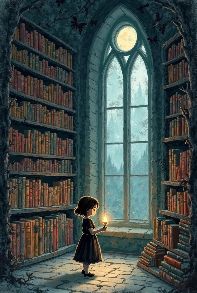 A whimsical gothic library inside an old clock tower, moonlight ...