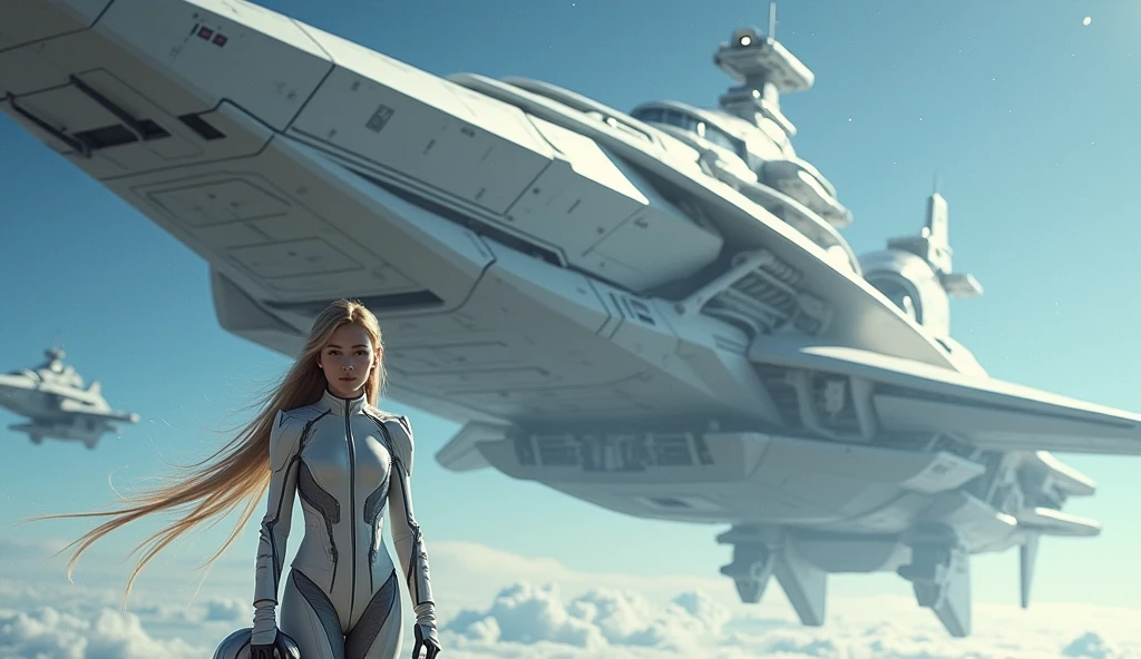 "Ultra-realistic cinematic sci-fi scene, enormous white futuristic ...
