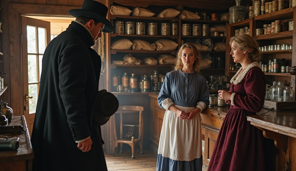 Tense interior scene inside 1847 general store. Samuel Hartwell stands ...