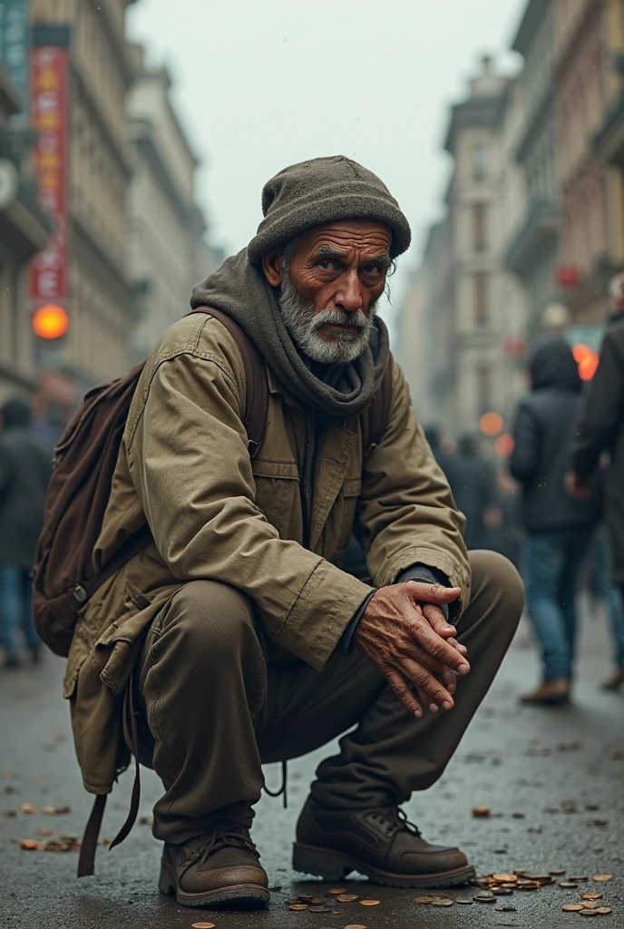A poor man standing on the street begging - SeaArt AI