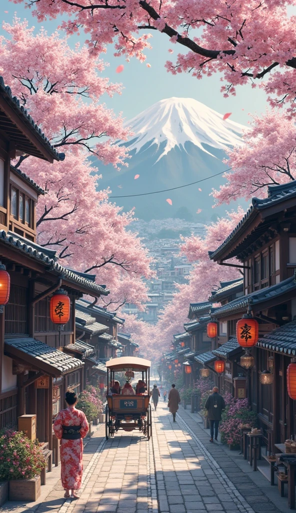 Edo period cityscape with cherry blossom blizzard,Elegant traditional ...