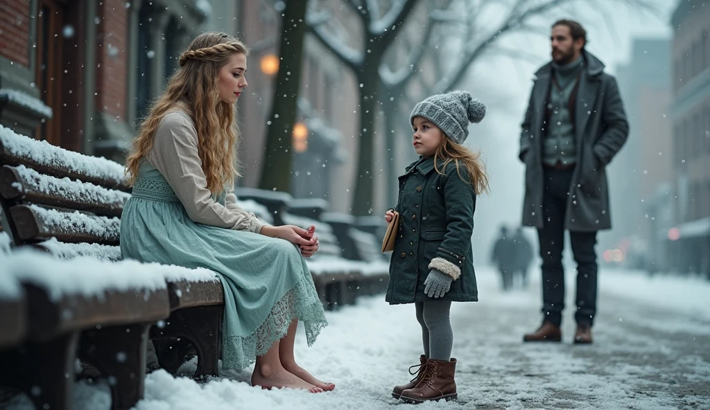 A cinematic, realistic winter street scene during snowfall. A barefoot ...