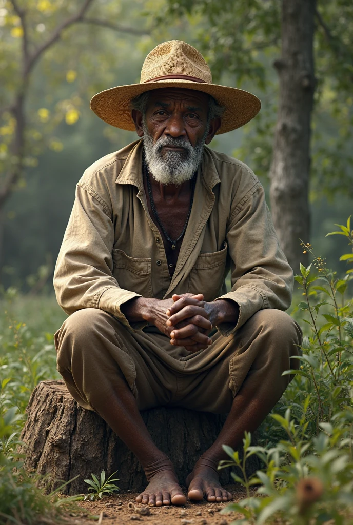 Homem negro idoso (idade 80 anos) fumando cachimbo, sitting on a wooden ...