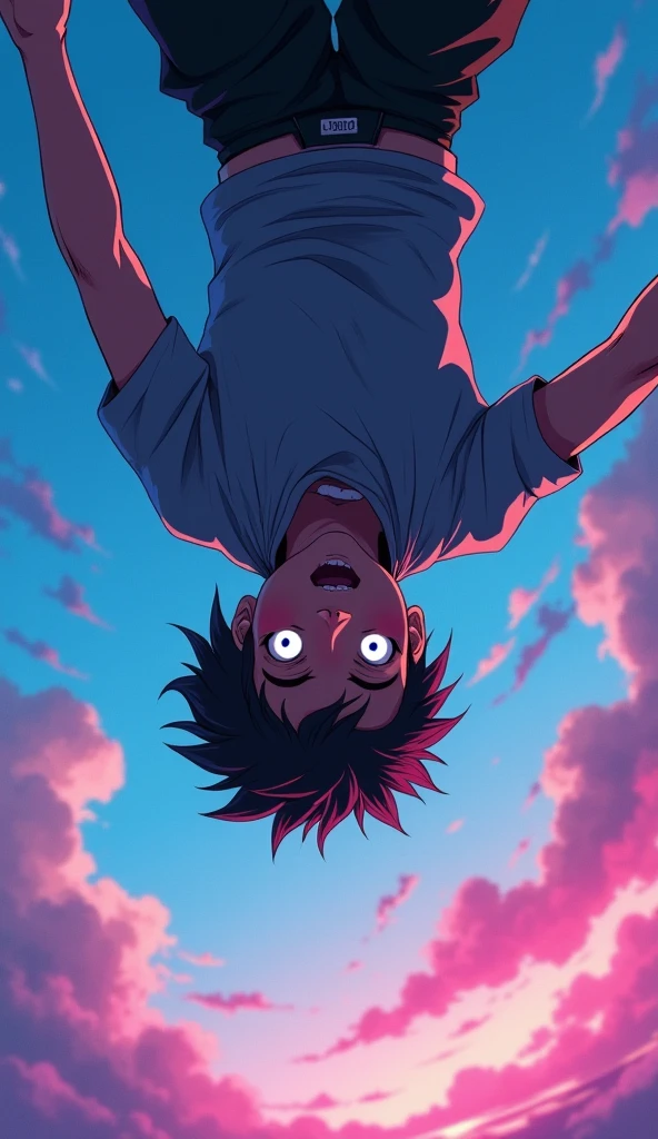 A teenager falling backwards in slow motion, with the distorted sky and ...