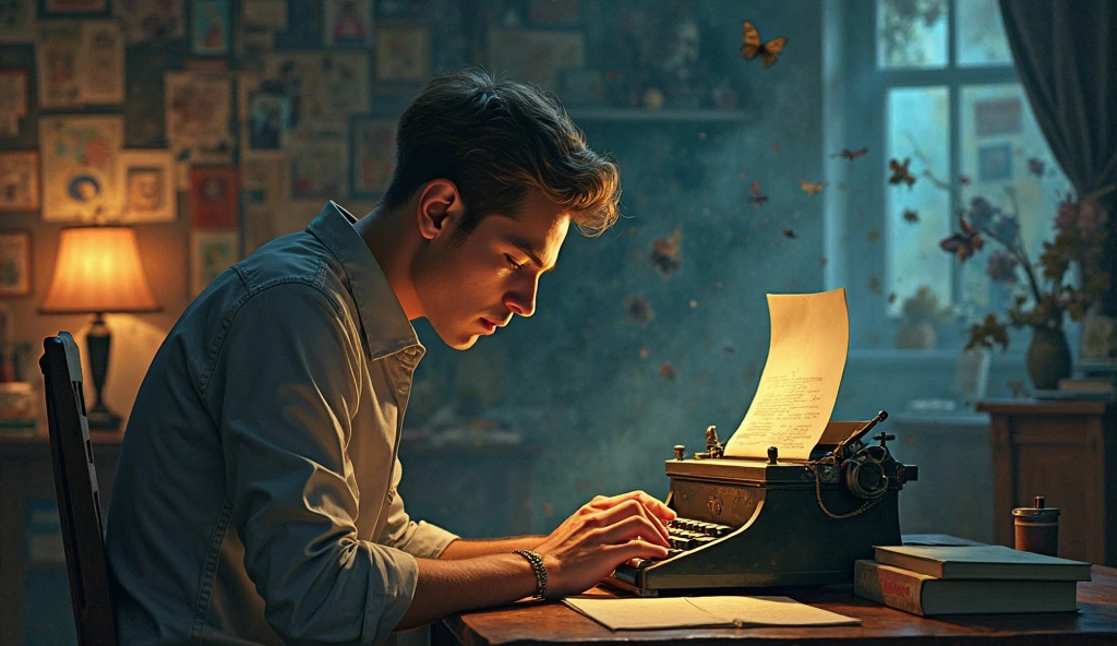 "Artistic and realistic illustration of a writer in full creative ...