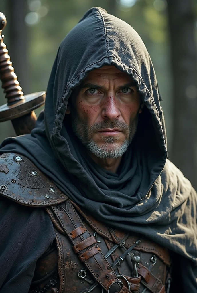 A solemn warrior with pale skin stands in dramatic lighting, wearing a ...