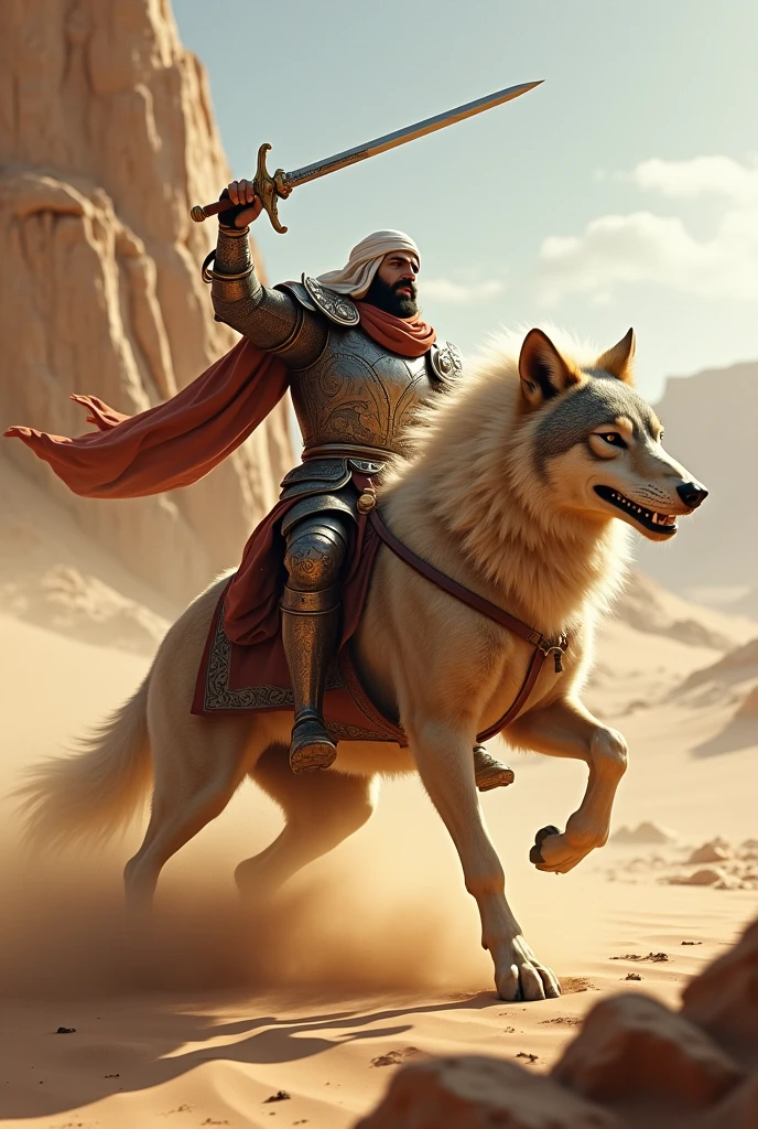 An Arab knight fights with his sword wearing a turban and riding a wolf ...