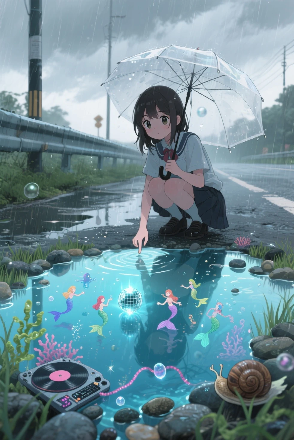 Ultra detailed 2.5d render anime, rainy day just after the storm ...