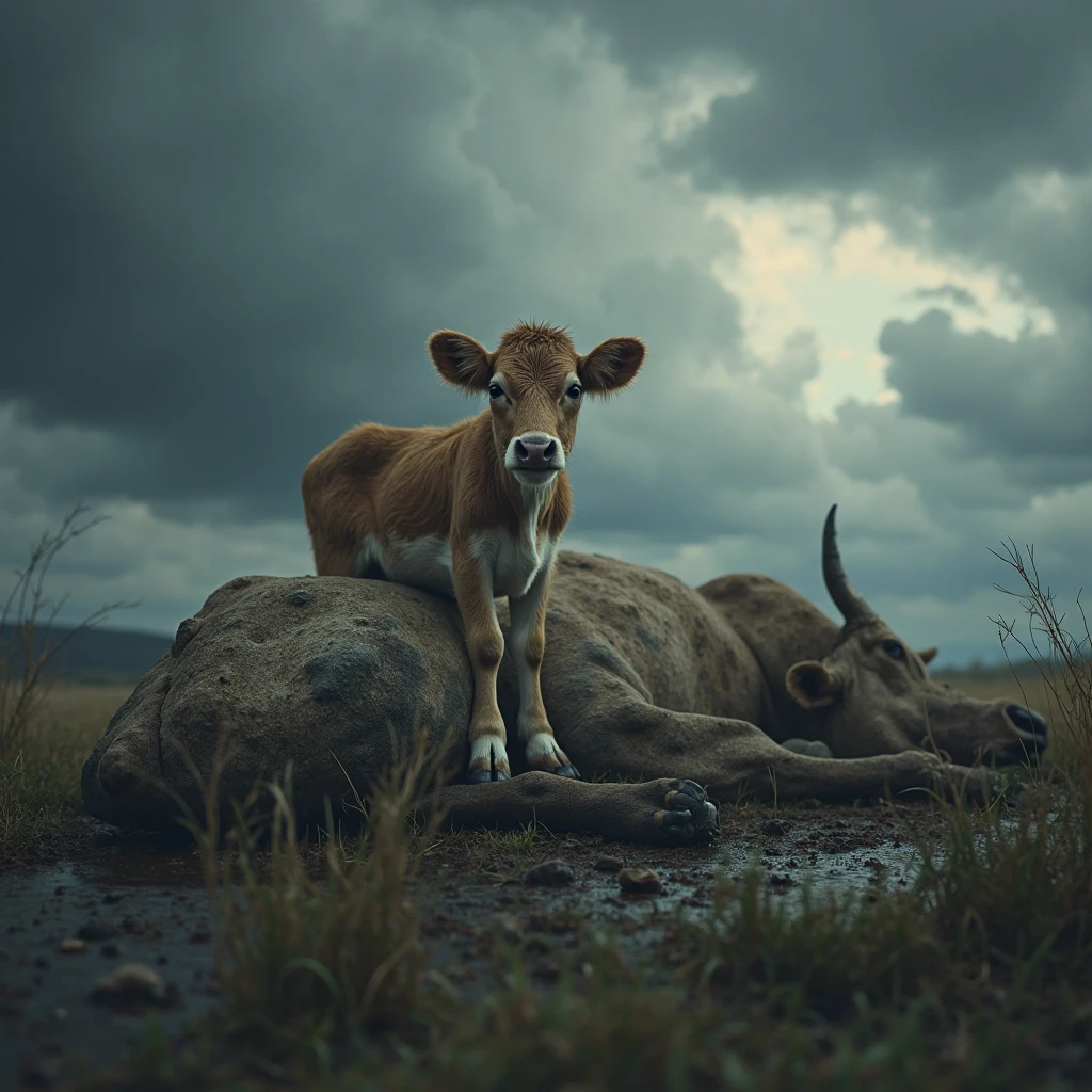 A symbolic emotional scene with the calf standing beside the lifeless ...