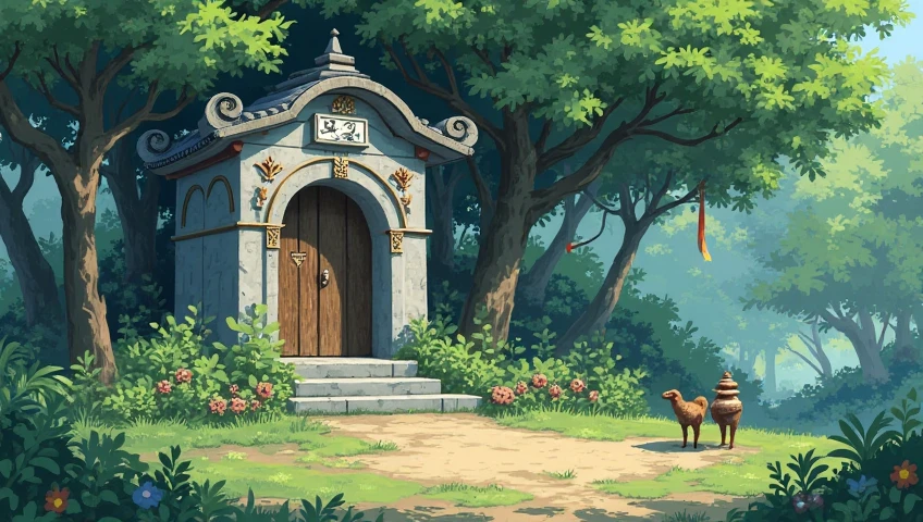 A humble stone shrine at the edge of a grove, decorated with faded ...