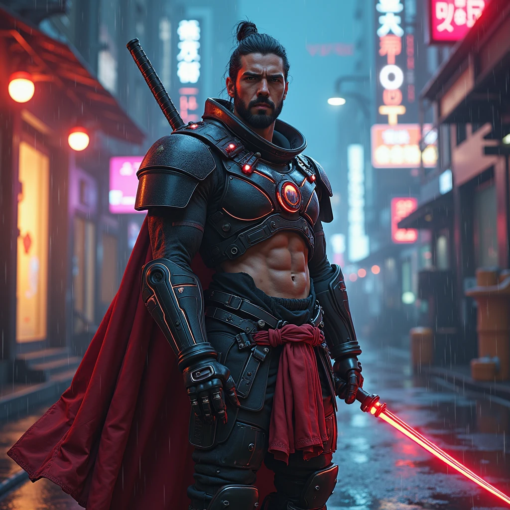 A legendary male cyber-samurai warrior stands in a neon-lit dystopian city - SeaArt AI