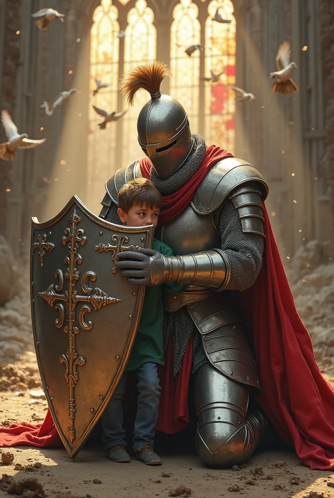 Medieval knight in shining silver armor and red cape, kneeling ...