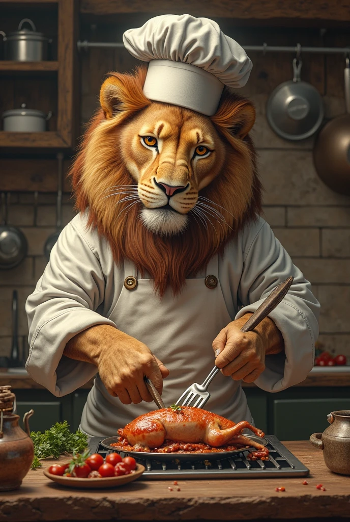 A lion dressed as a chef cooking a gazelle - SeaArt AI