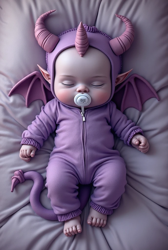 A purple demon baby with white eyes and no mouth wearing pajamas to ...