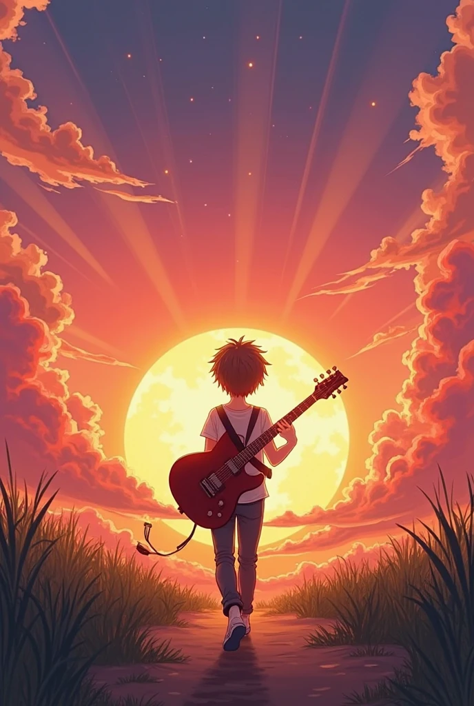 A solitary figure walks towards a vibrant sunset, with an electric ...