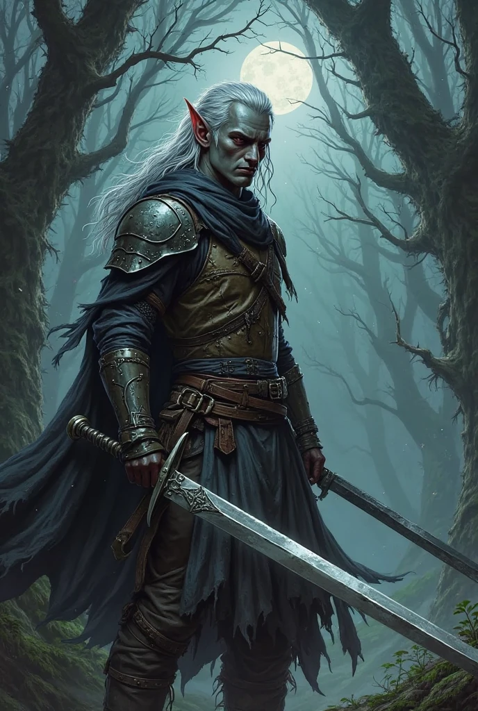 Fantasy half-drow warrior, young male (25-30), dark slate-gray skin ...