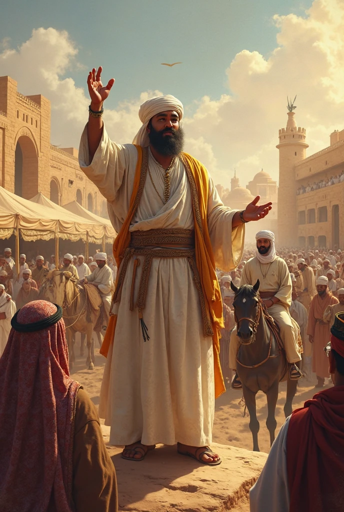 "An ancient Arab man, wearing traditional Arab clothes, standing on a ...