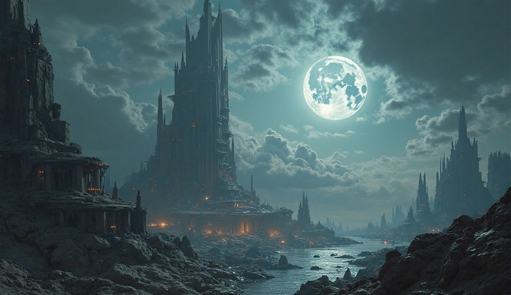 Close-up of a futuristic city in the sky with the moon, an an alien ...