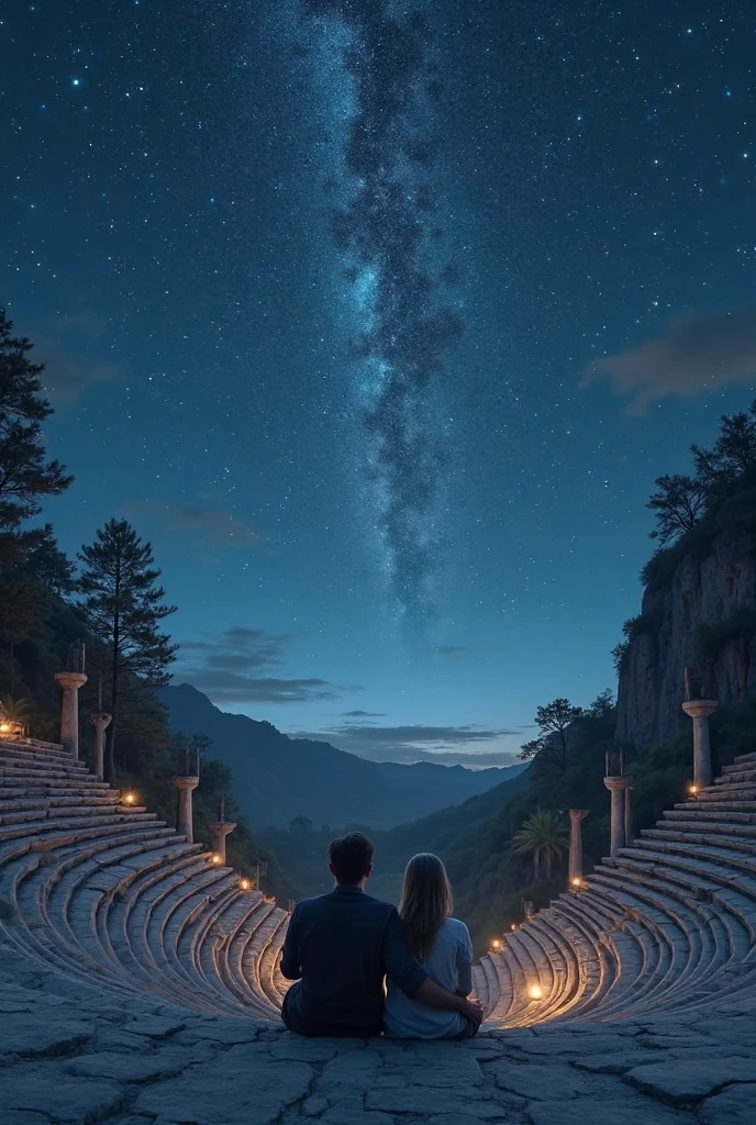 But make this two people sit on amphitheatre watching stars - SeaArt AI