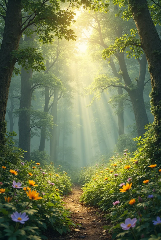 Realistic forest , realistic photo, 8k, flowers, sun rays - SeaArt AI