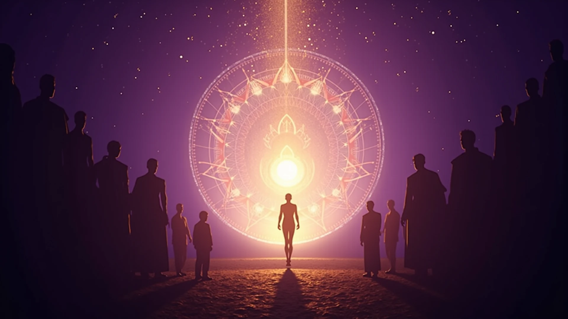 "A circle of observers in shadow watches one radiant figure step ...