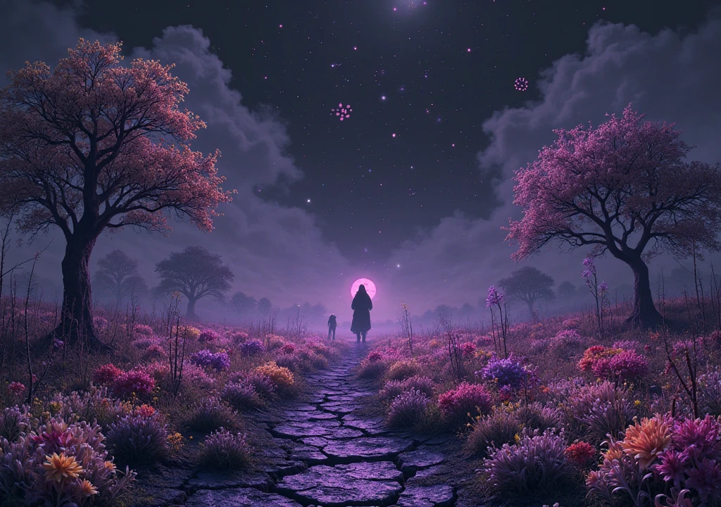 "A surreal, mystical landscape representing 'Black August', with a dark ...