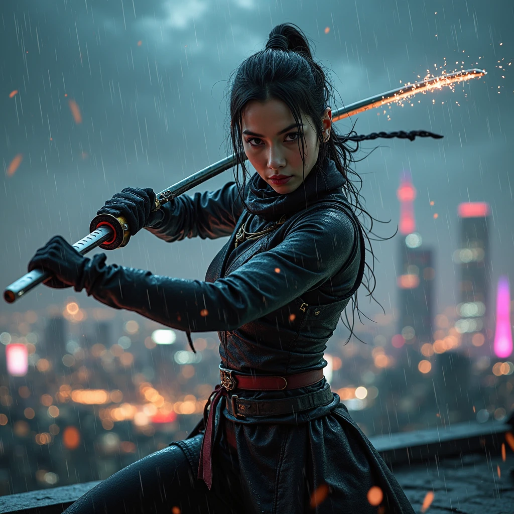 An ultra-realistic photograph of a fierce female ninja engaging in a ...