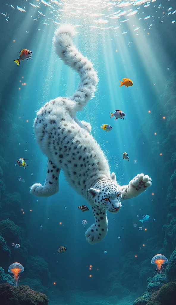 A majestic snow leopard swimming gracefully underwater, playing with ...