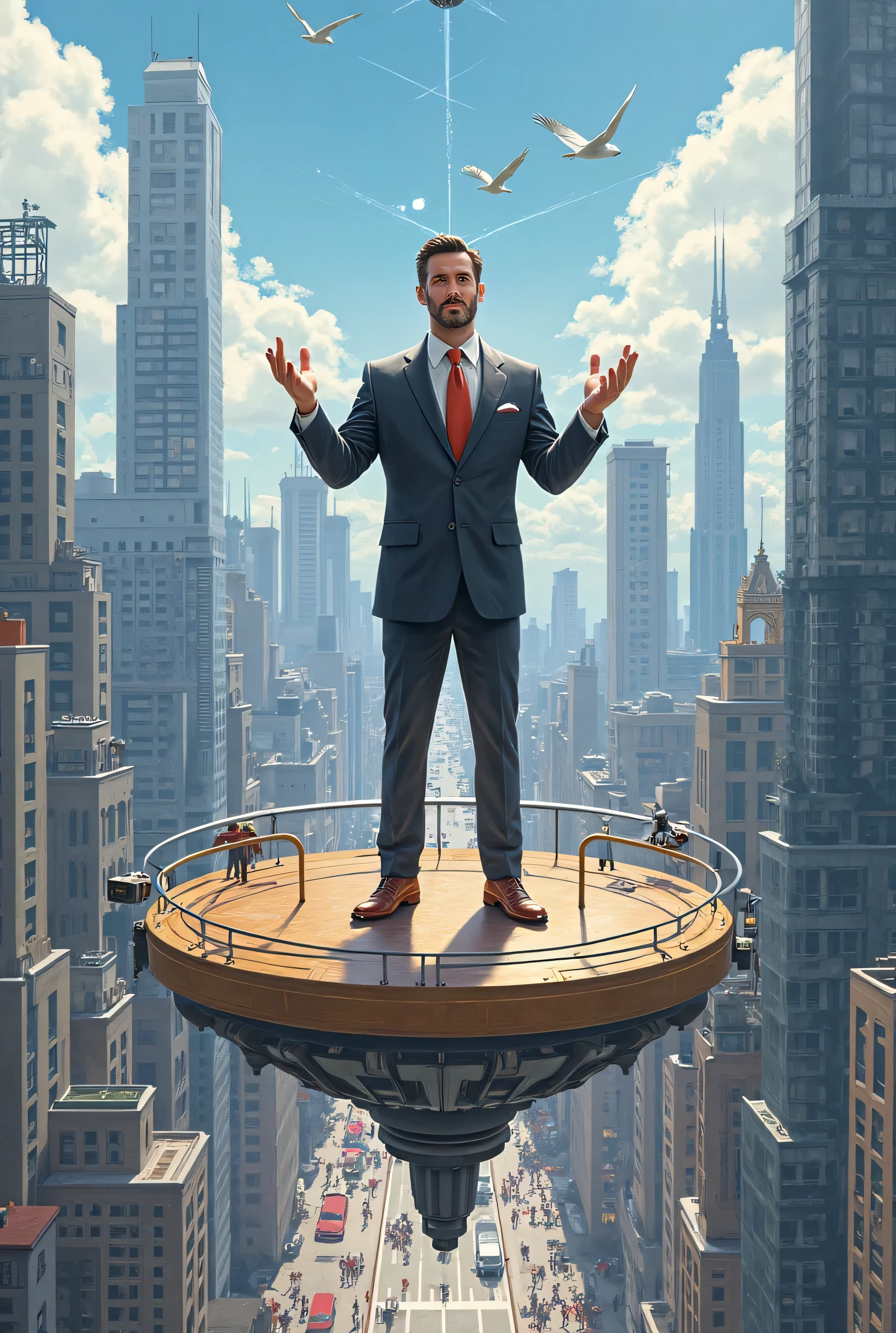 Create a realistic illustration of a salesman with his display walking ...