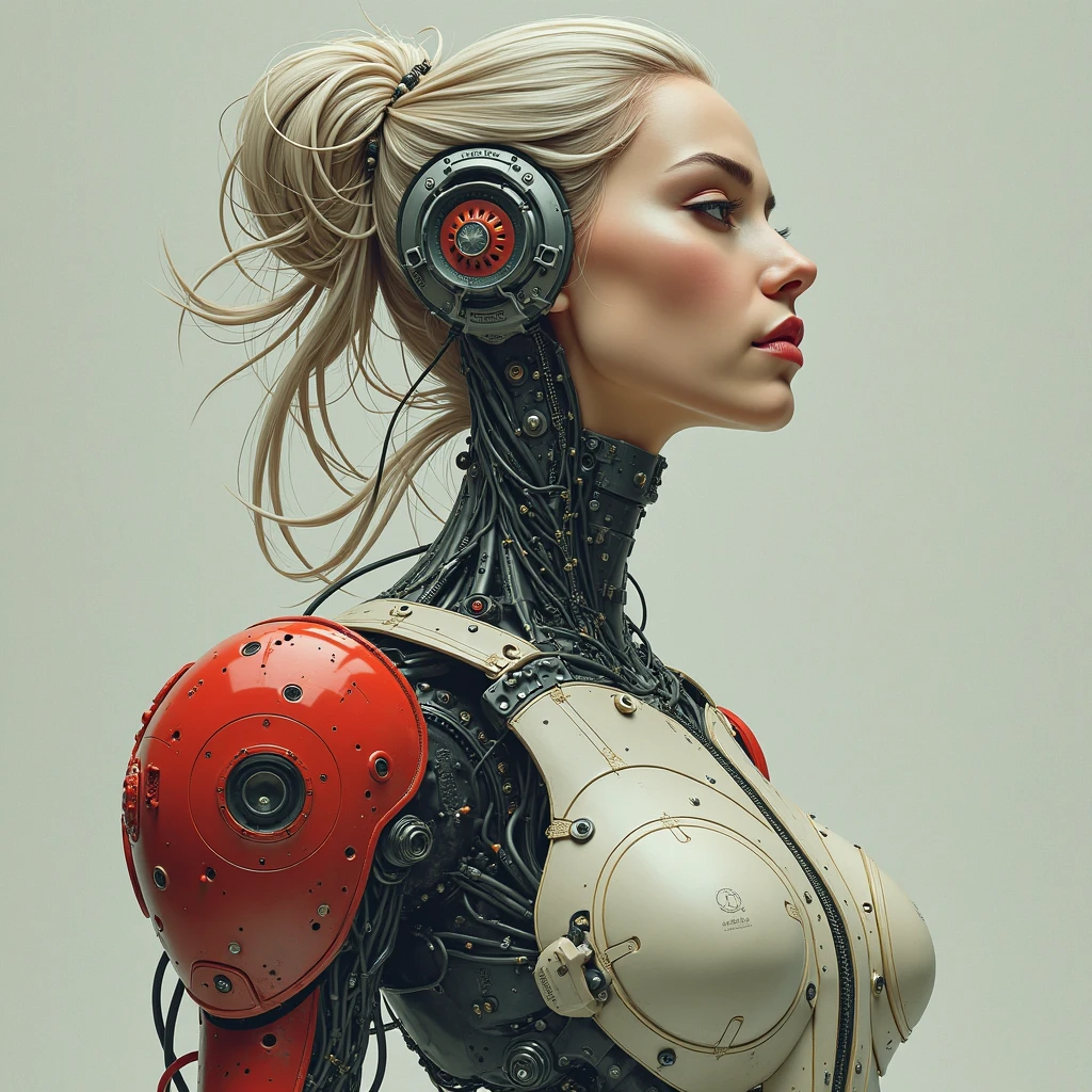 A cybernetic woman , with a fusion of flesh and exposed robotic ...