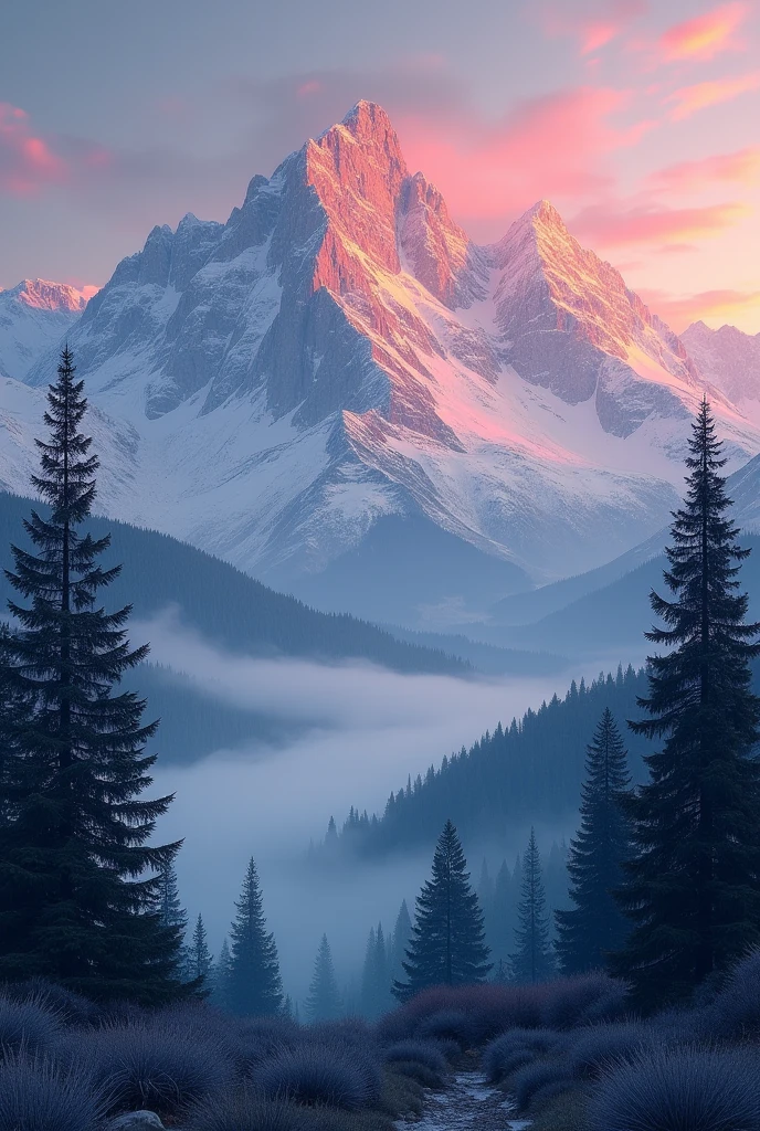 "almaty, majestic mountains at dawn. The peaks shine with pink and gold ...