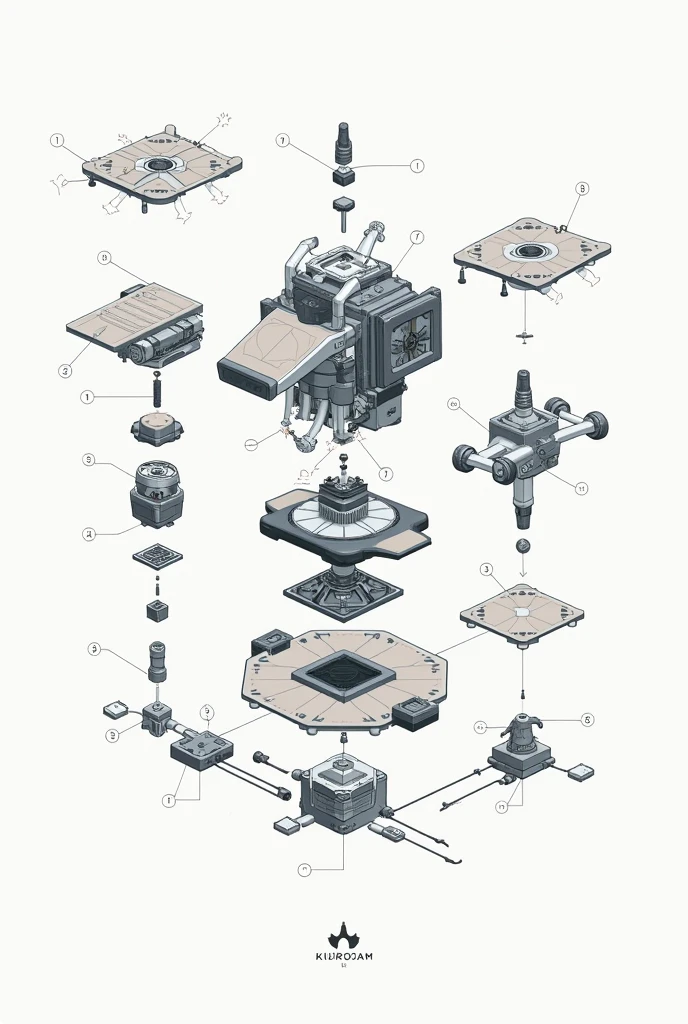 Exploded view with labeled components: Central Hub, Motor Arm - SeaArt AI