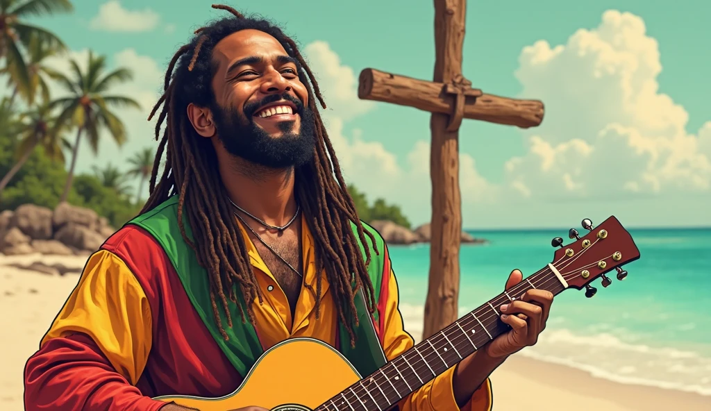 "A stylized close-up portrait of a reggae musician wearing jesus ...