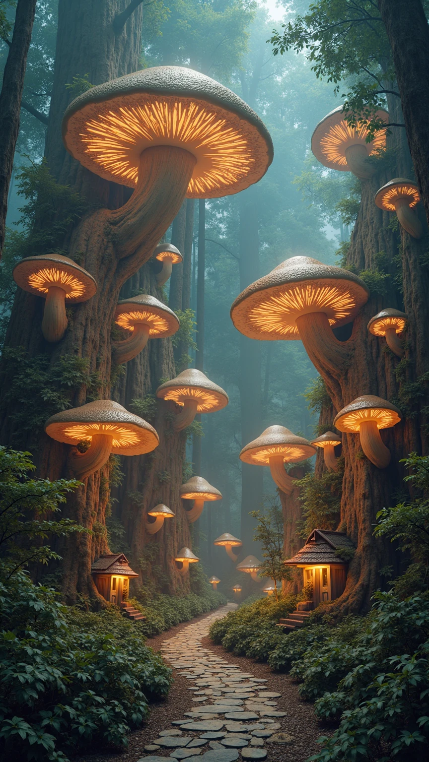 A magical and serene, hyper-detailed masterpiece depicting a village in ...