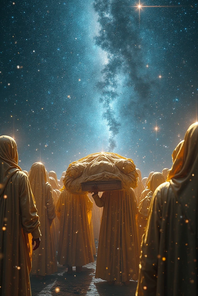 A grand cosmic funeral procession in deep space, celestial beings ...