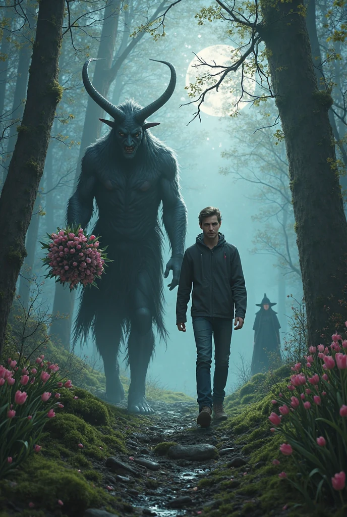 Draw a demon, a man, walking through the forest with a bouquet of pink ...