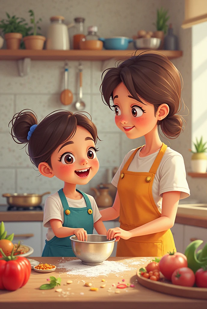 Cartoon girl helps her mother cook - SeaArt AI