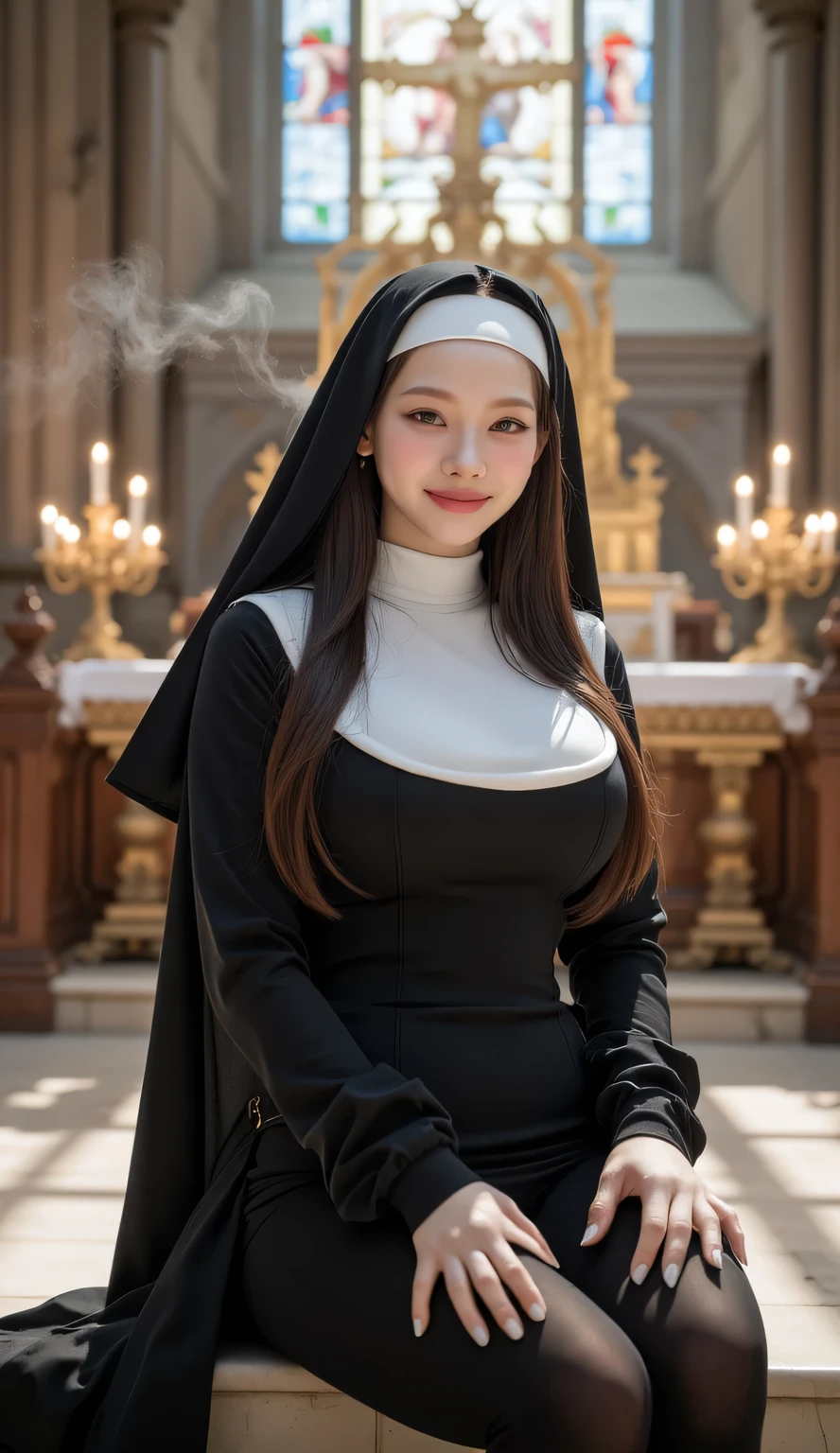 Beautiful nun sitting gracefully in grand gothic cathedral, wearing ...