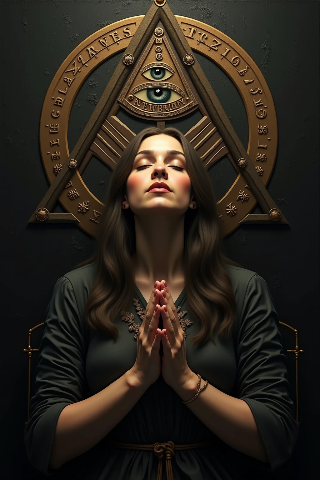 Women pray to a god who is an eye inside a triangle surrounded by ...
