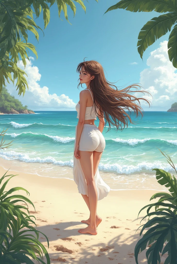 Brunette on the beach - SeaArt AI