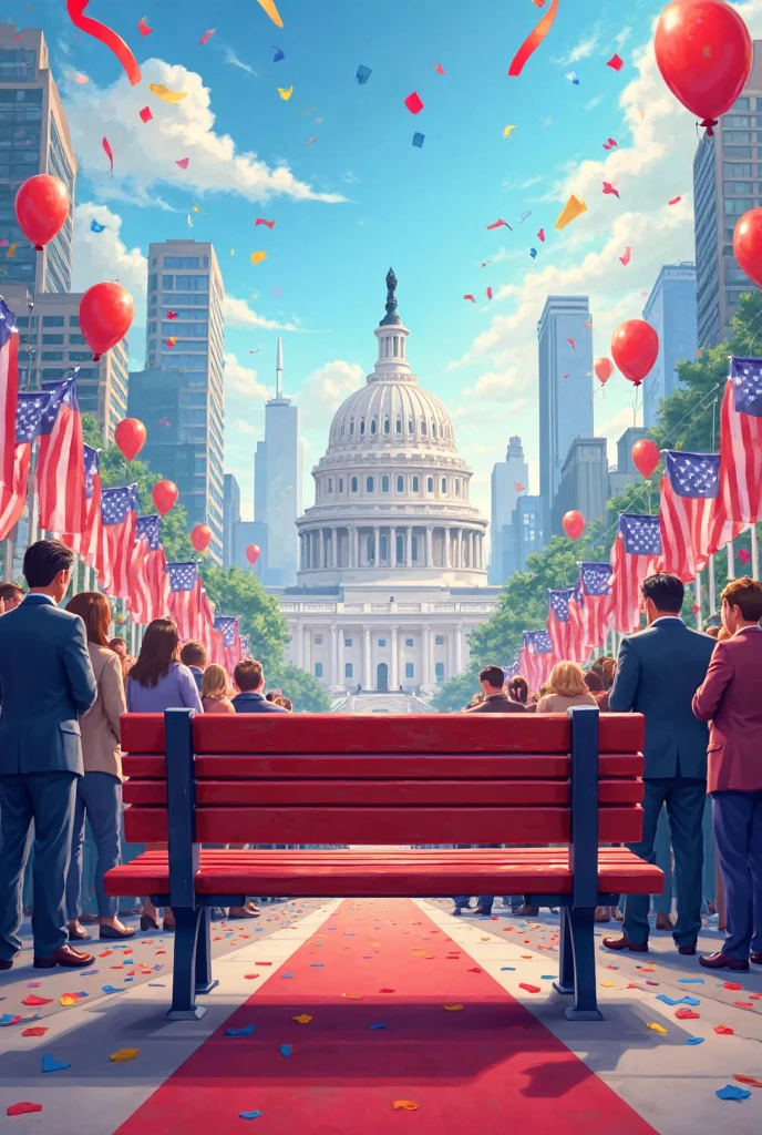 Insert a red bench, must be an inauguration flyer - SeaArt AI